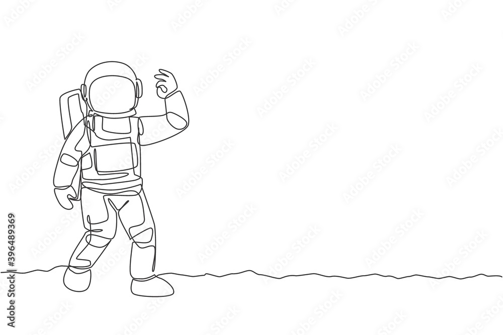 One single line drawing cosmonaut make okay gesture with his fingers in ...