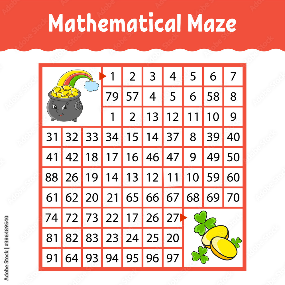 Mathematical square maze. Game for kids. Number labyrinth. Education ...