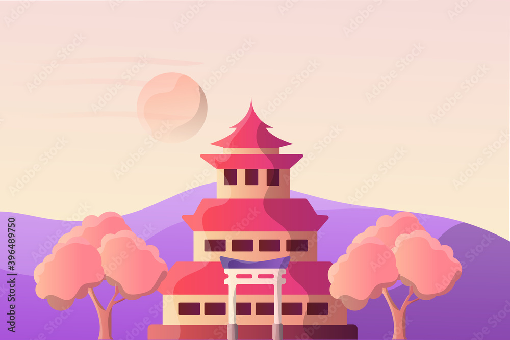 Japanese imperial palace illustration landscape for a tourist ...