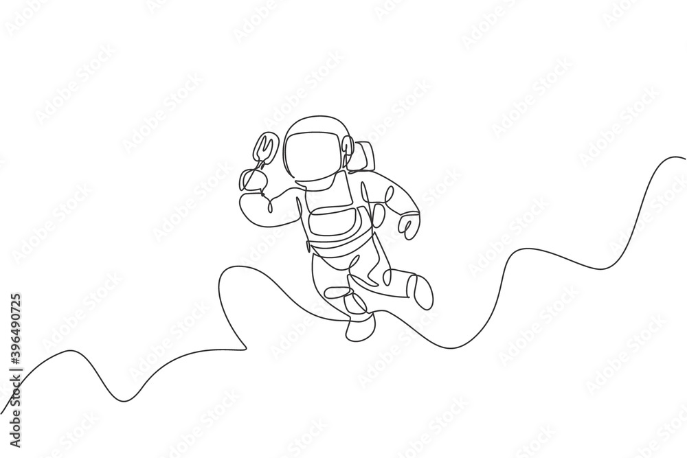 Single continuous line drawing of spaceman flying relax while eating ...