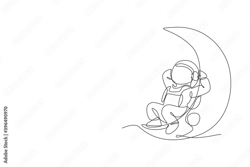 One single line drawing of space man astronaut exploring cosmic galaxy ...