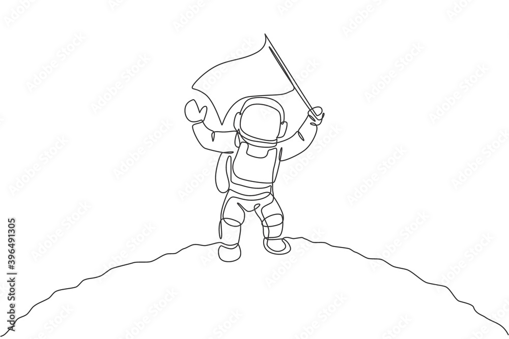 Single continuous line drawing science astronaut in moon surface waving ...