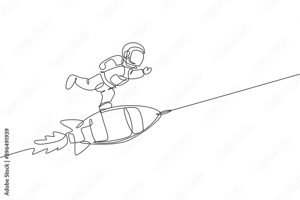 One single line drawing of astronaut in spacesuit floating and ...