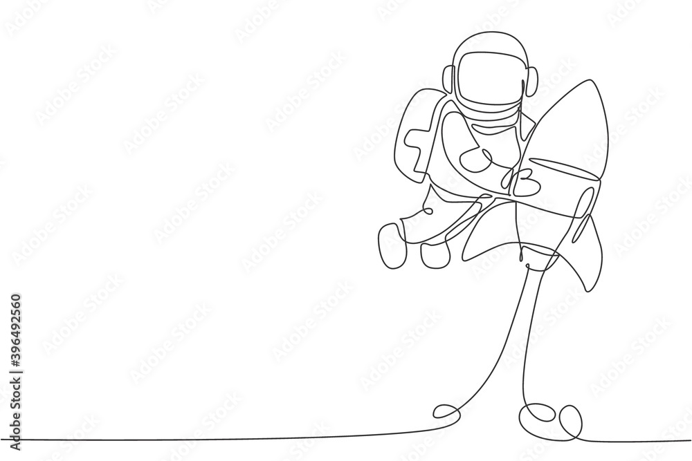 One single line drawing of astronaut in spacesuit floating and ...