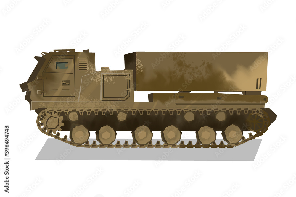 Watercolor rocket launcher. Isolated artillery truck. Cartoon print for ...