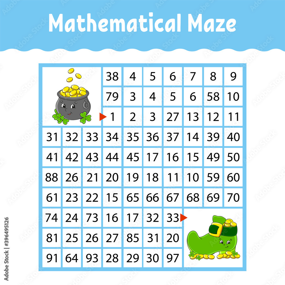 Mathematical square maze. Game for kids. Number labyrinth. Education ...