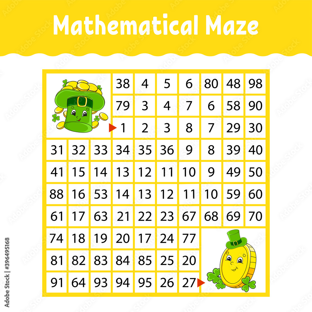 Mathematical square maze. Game for kids. Number labyrinth. Education ...