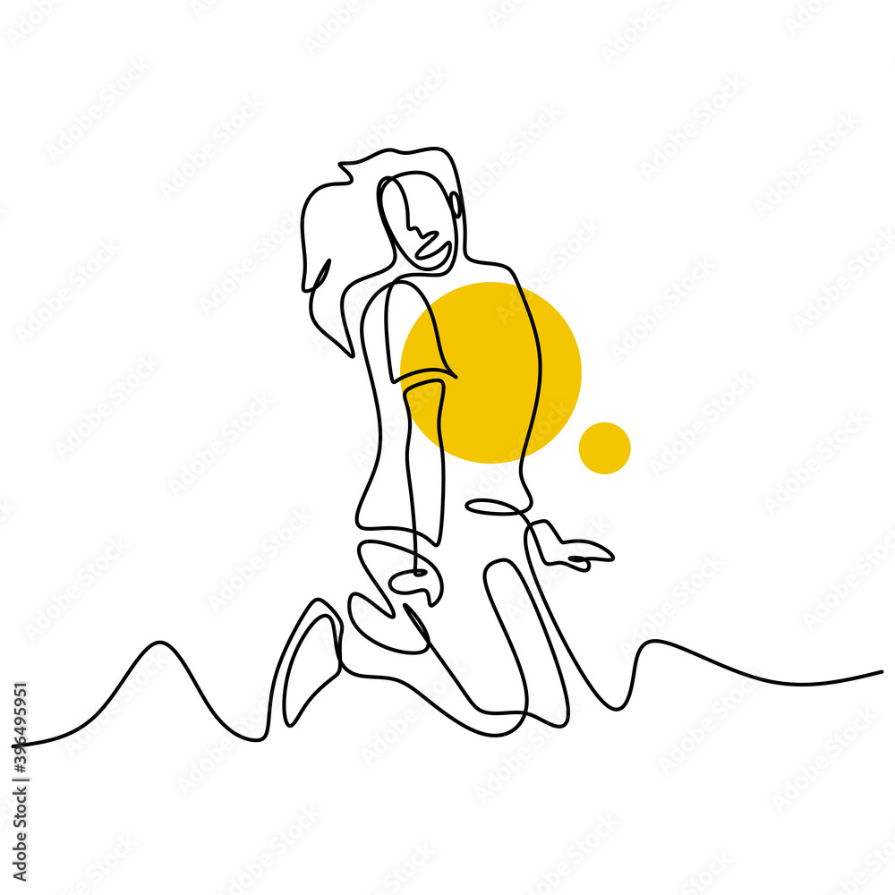 Continuous one single line drawing happy jumping woman. Beautiful ...