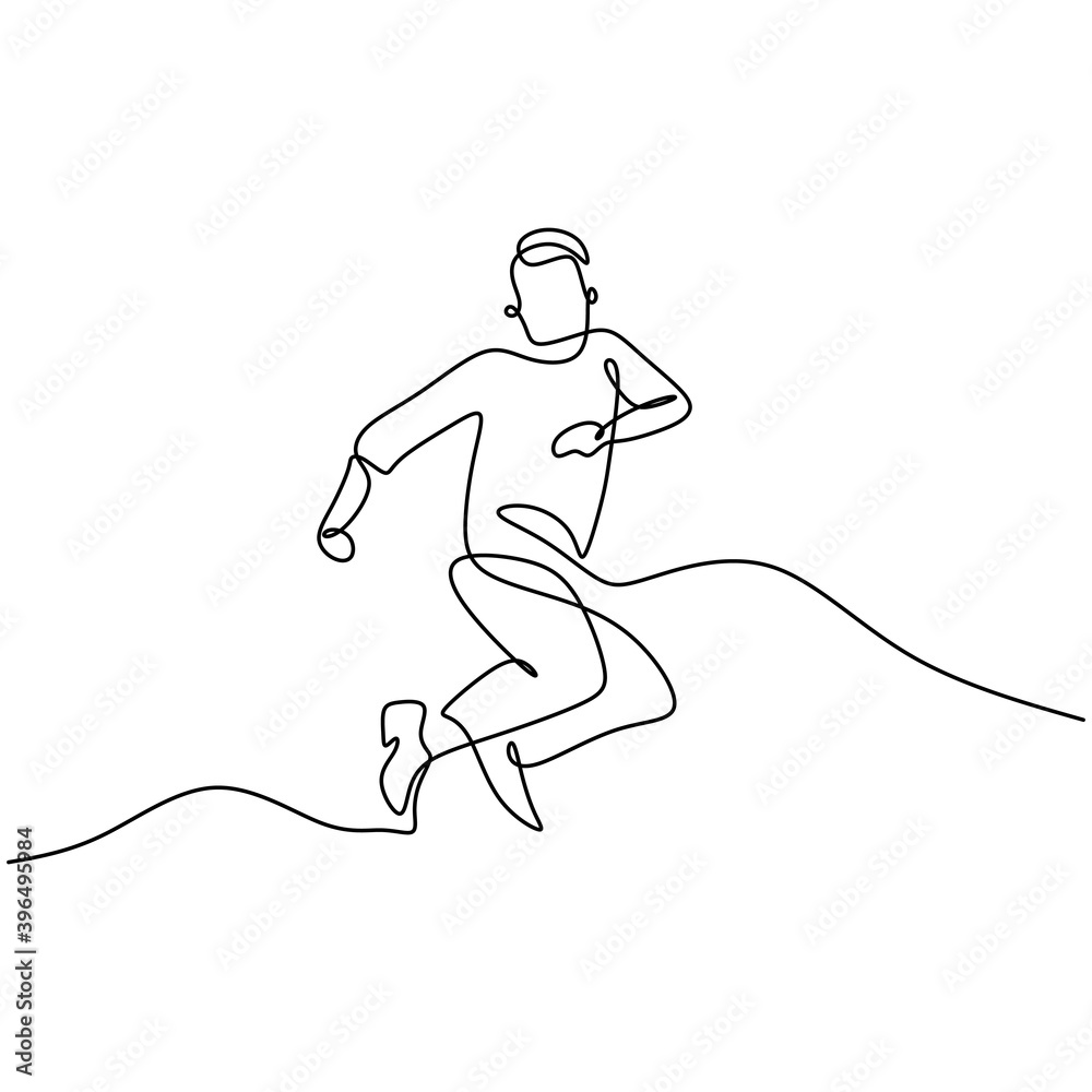Continuous line drawing of happy jumping man. A young teenager male ...