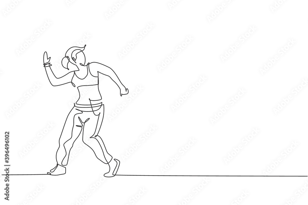 One continuous line drawing of young sporty break dancer woman show hip ...