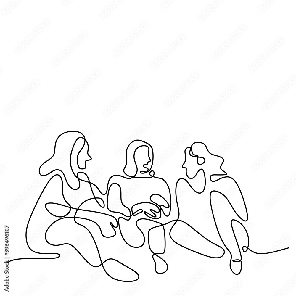 Group of woman continuous line drawing. Young teenager female sitting ...
