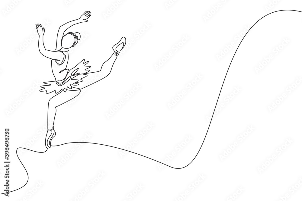 One single line drawing of young beauty dancer woman on tutu jumping ...