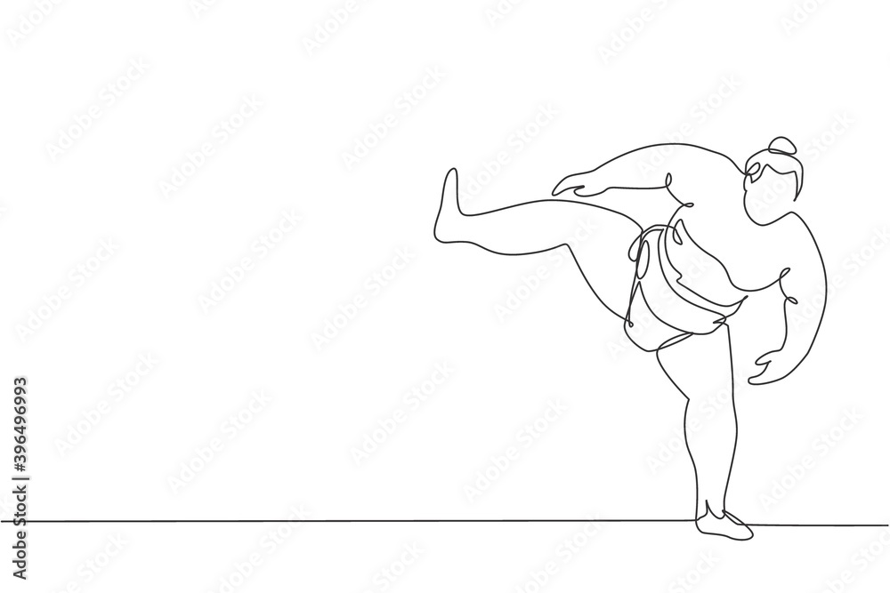 One continuous line drawing of young big Japanese rikishi man prepare ...