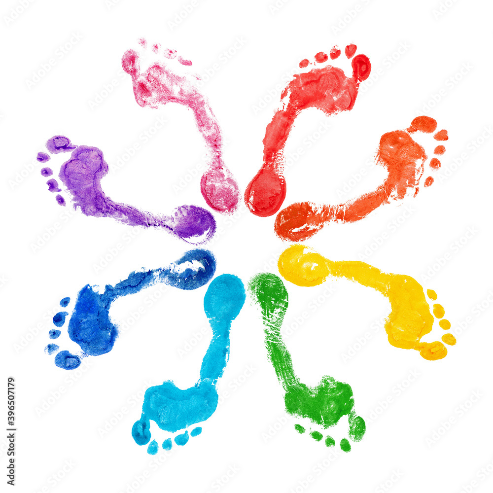 Rainbow color human footprints circle white background isolated ...