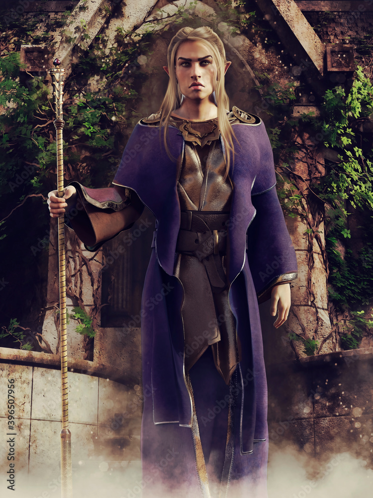 Fantasy elf sorcerer with a wooden staff, standing in front of a chapel ...
