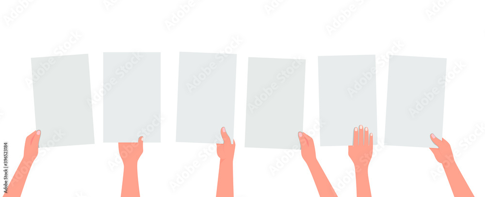 The hands of different people hold blank white sheets of paper in their ...