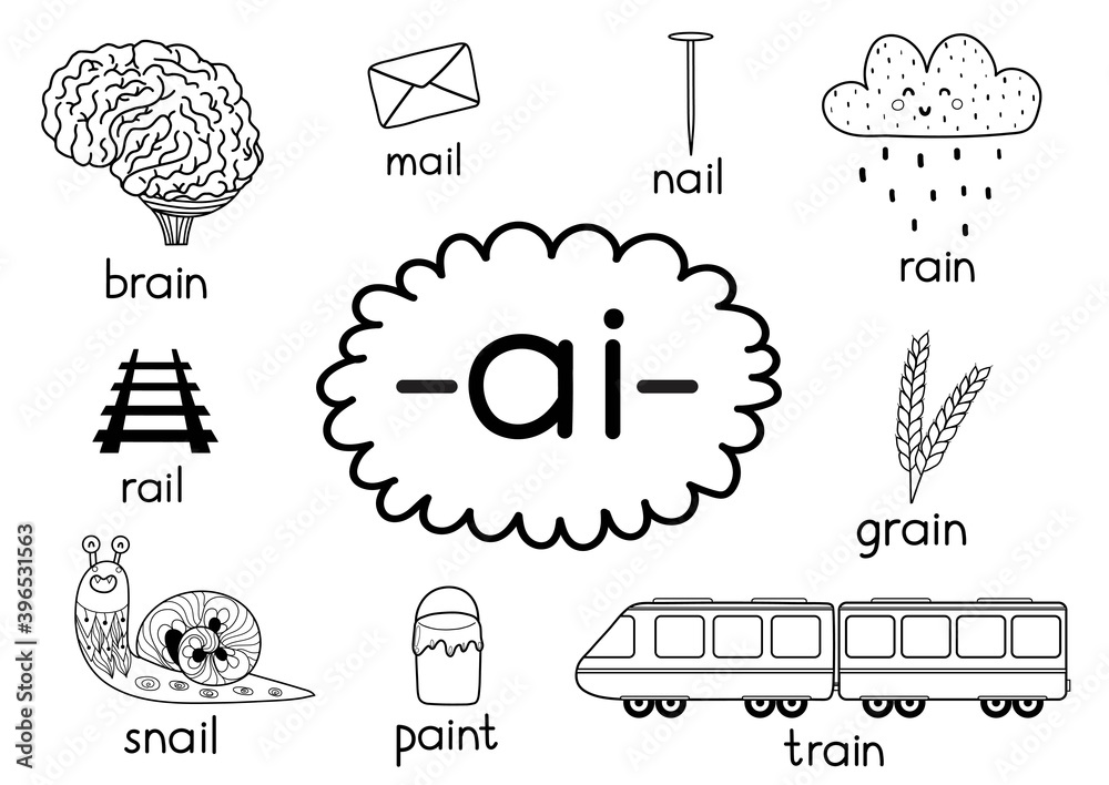 Vecteur Stock Learning ai digraph. Phonics for kids. Black and white ...