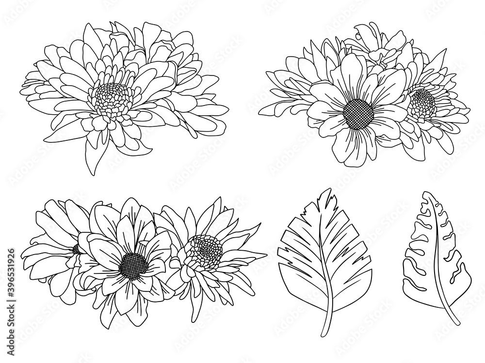 Flowers Line Art Arrangements. Line art flower on greeting card, frame ...
