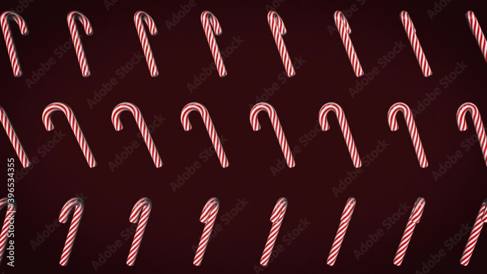 Many candy canes in rows, rotating around. Dark red background, digtal ...