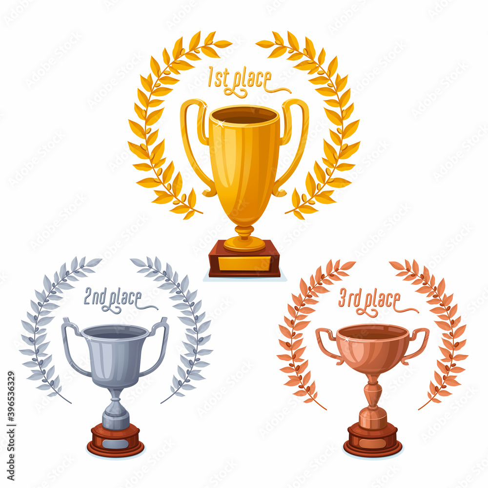 Gold, silver, and Bronze trophy cups with laurel wreaths. Trophy award ...