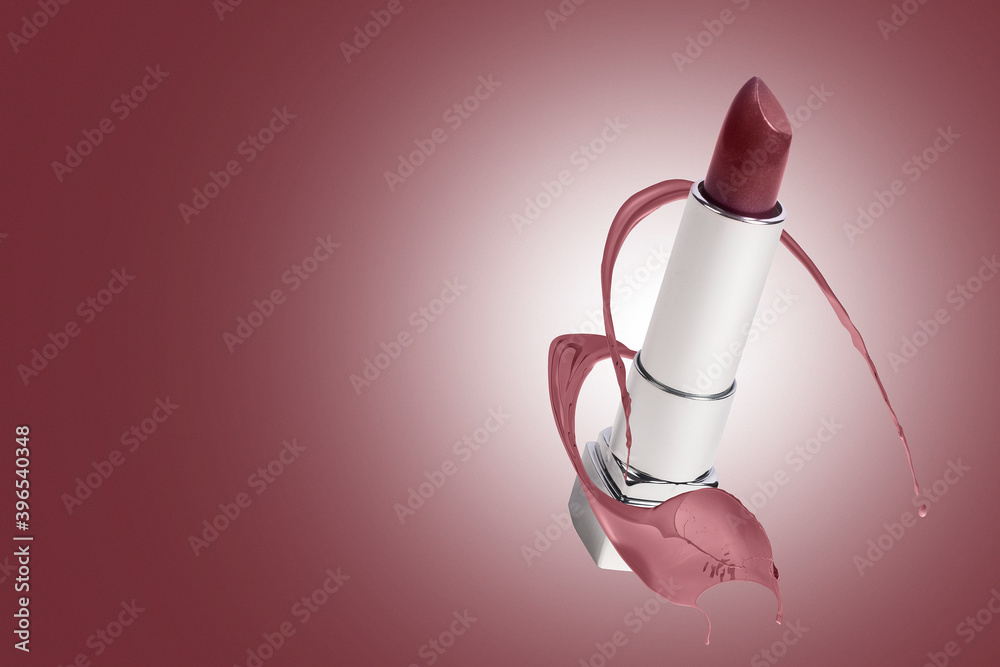 Red lipstick floating in a silver chrome tube on a matching red ...