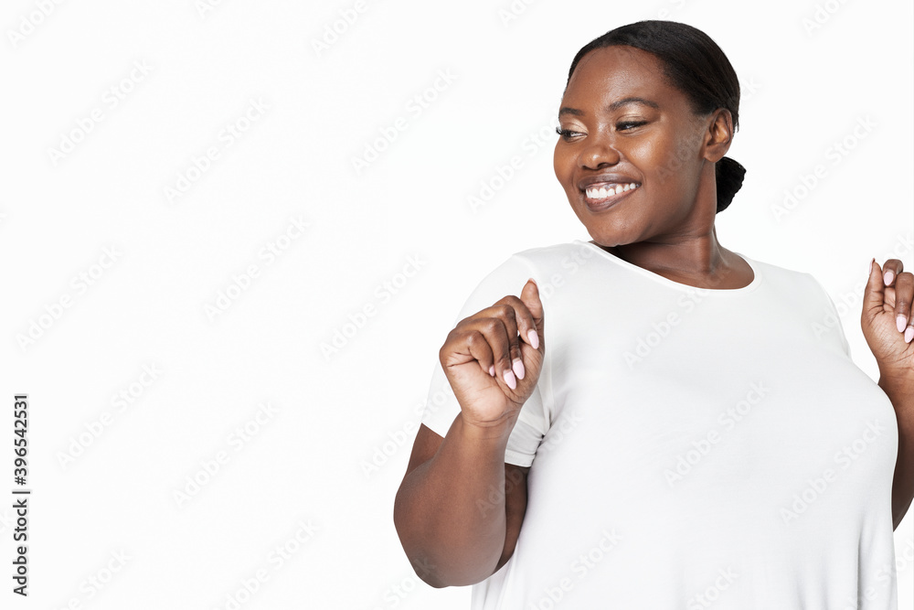 Body positivity background happy plus size model posing Stock Photo ...