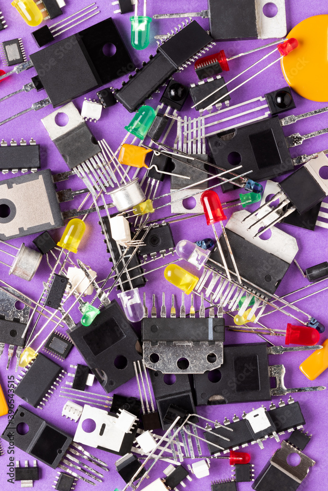 Radio components on a purple background. There are microcontrollers ...