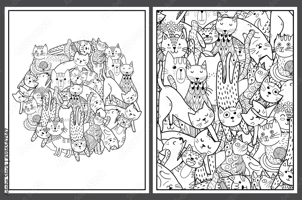 Coloring pages set with cute cats. Doodle feline animals for coloring ...