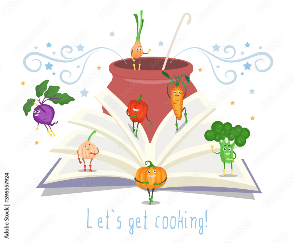 Open recipe book, pot with ladle, cute vegetables, flat vector ...