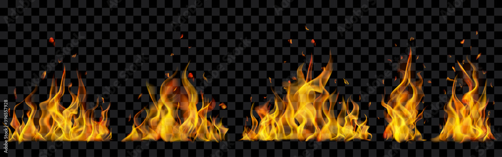 Set of translucent burning campfires of flames and sparks on ...