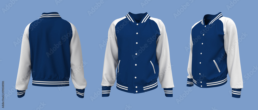 Varsity Jacket mockup in front, side and back views. 3d illustration ...