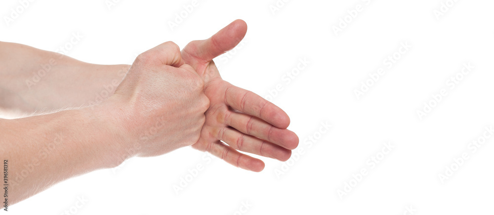 Hand with open palm on white background. Male hand in the attack and in ...