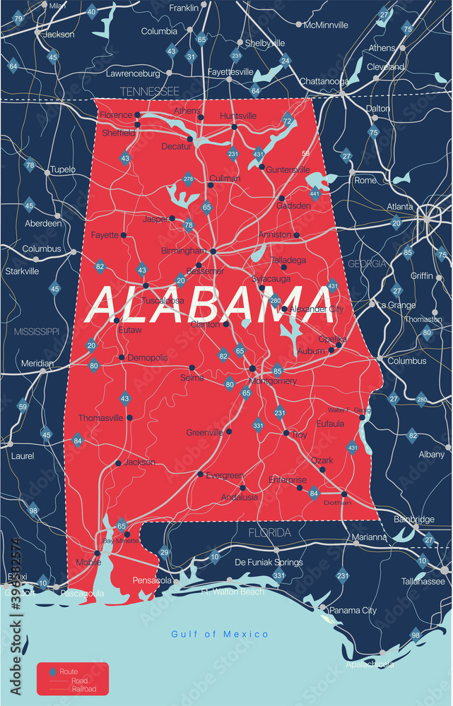 Alabama state detailed editable map with with cities and towns ...