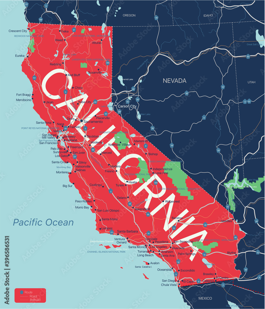 California state detailed editable map with with cities and towns ...