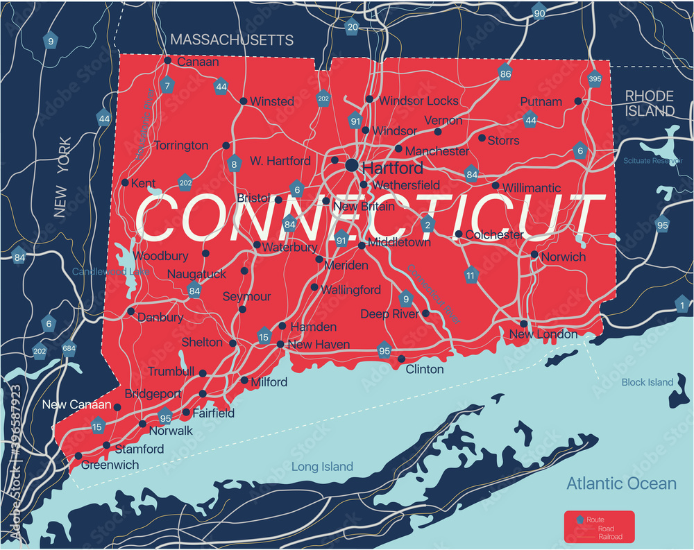 Connecticut state detailed editable map with with cities and towns ...