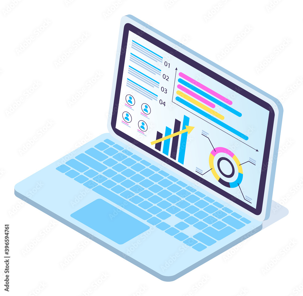 3d isometric laptop with data analytics, increase graphic, diagram ...