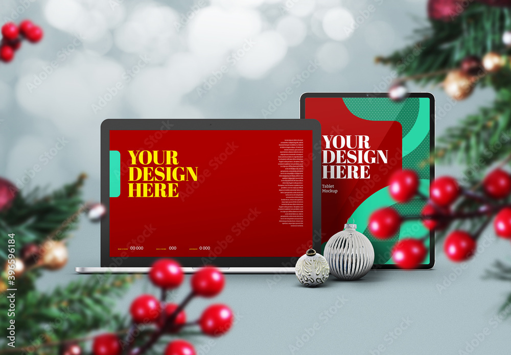 Christmas Laptop and Tablet Mockup Stock Template | Adobe Stock