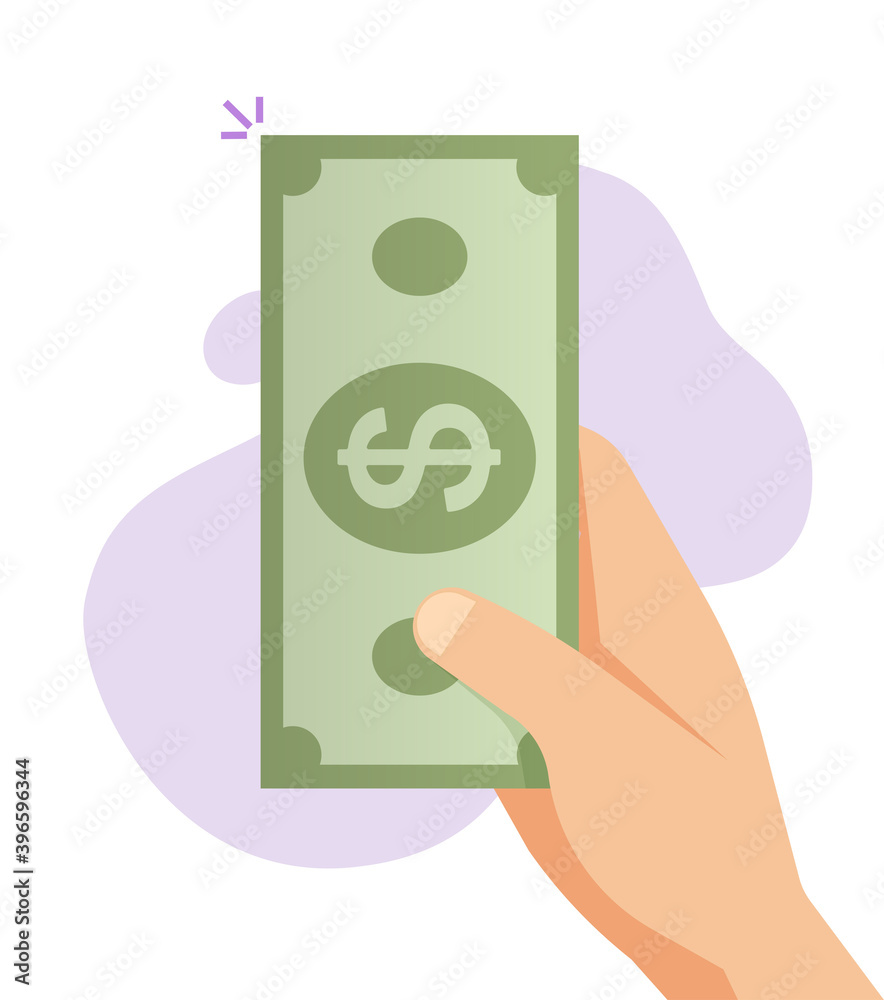 Hand giving money cash one paper banknote vector flat cartoon ...