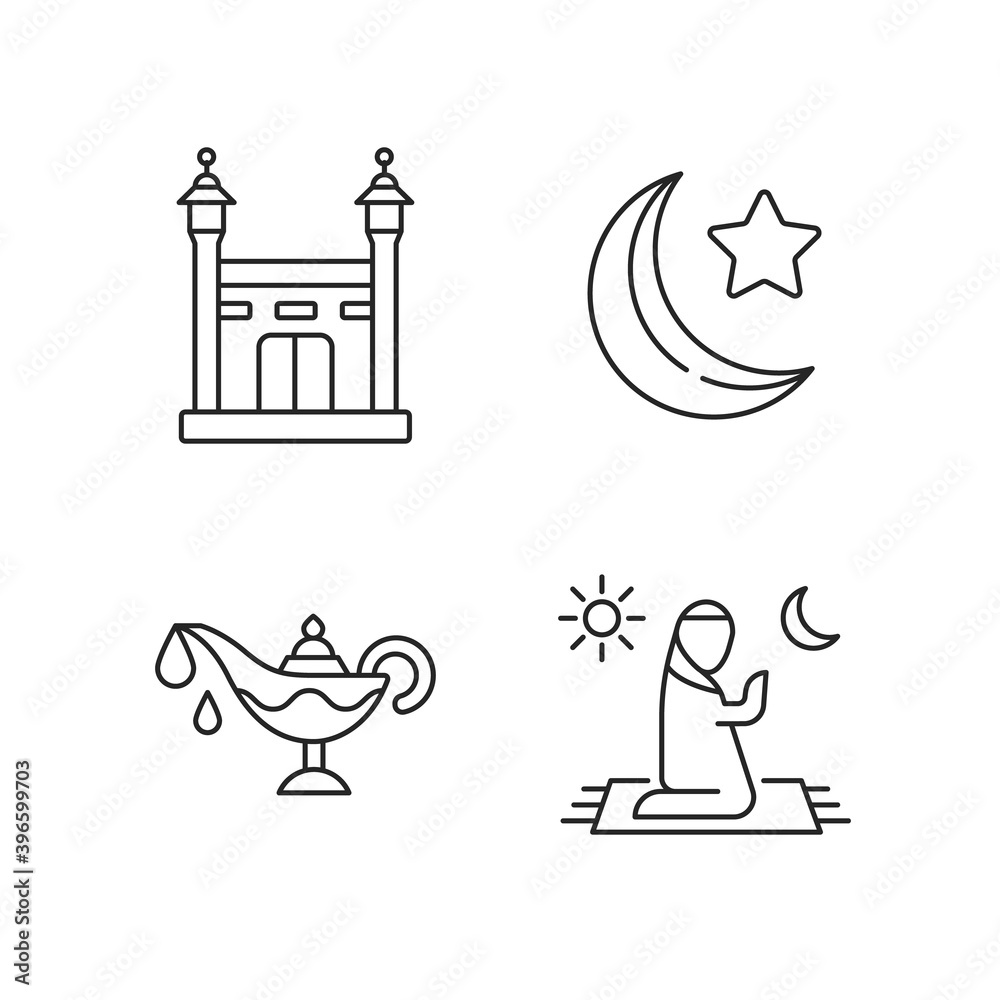 Traditional religious muslim rituals linear icons set. Everyday talking ...