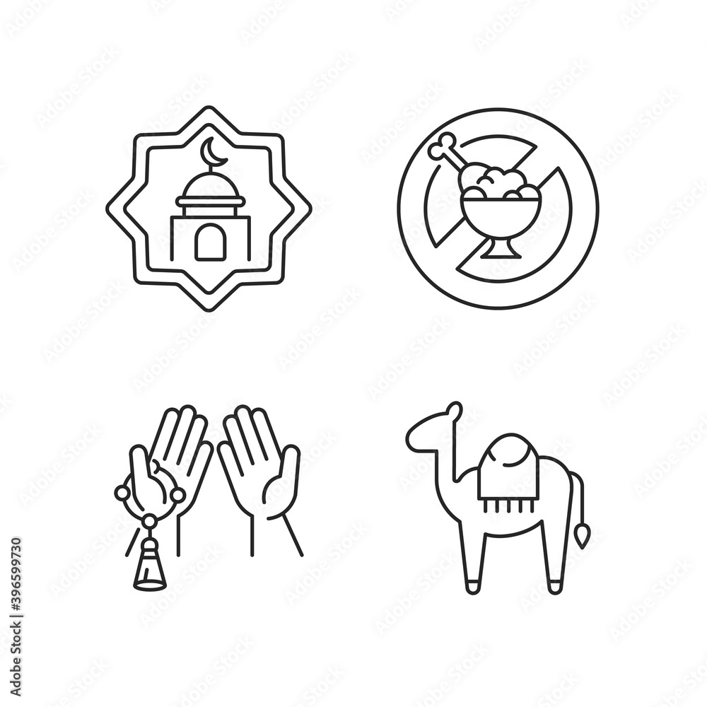 Traditional muslim symbols linear icons set. Strong desert camel ...