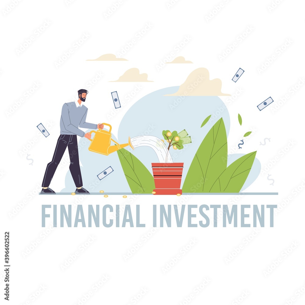 Cartoon flat character grows profit and harvesting money income ...