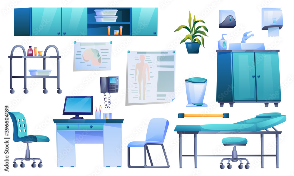 Doctors office interior elements isolated icons set. Vector clinic ...