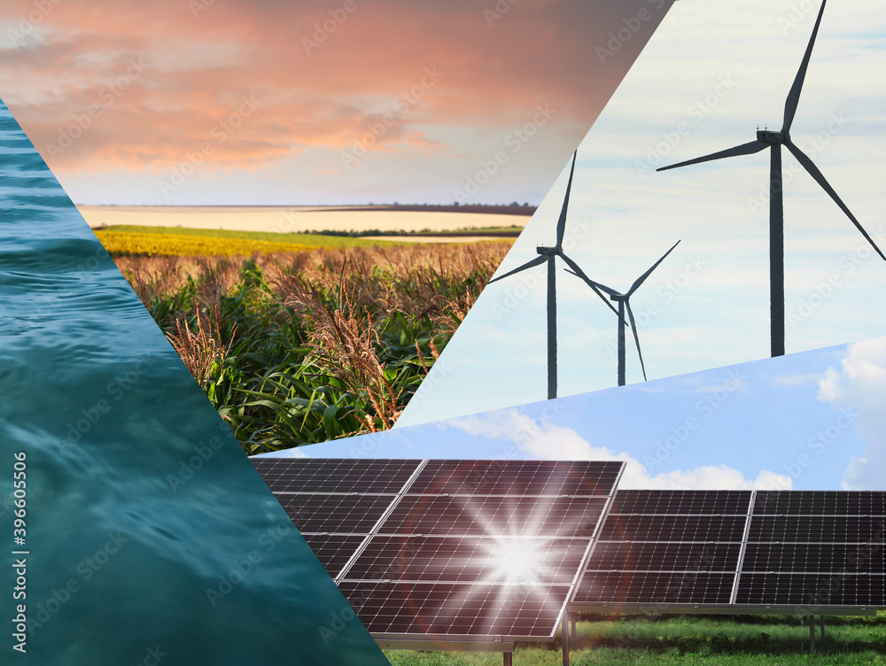 Collage with photos of water, field, solar panels and wind turbines ...