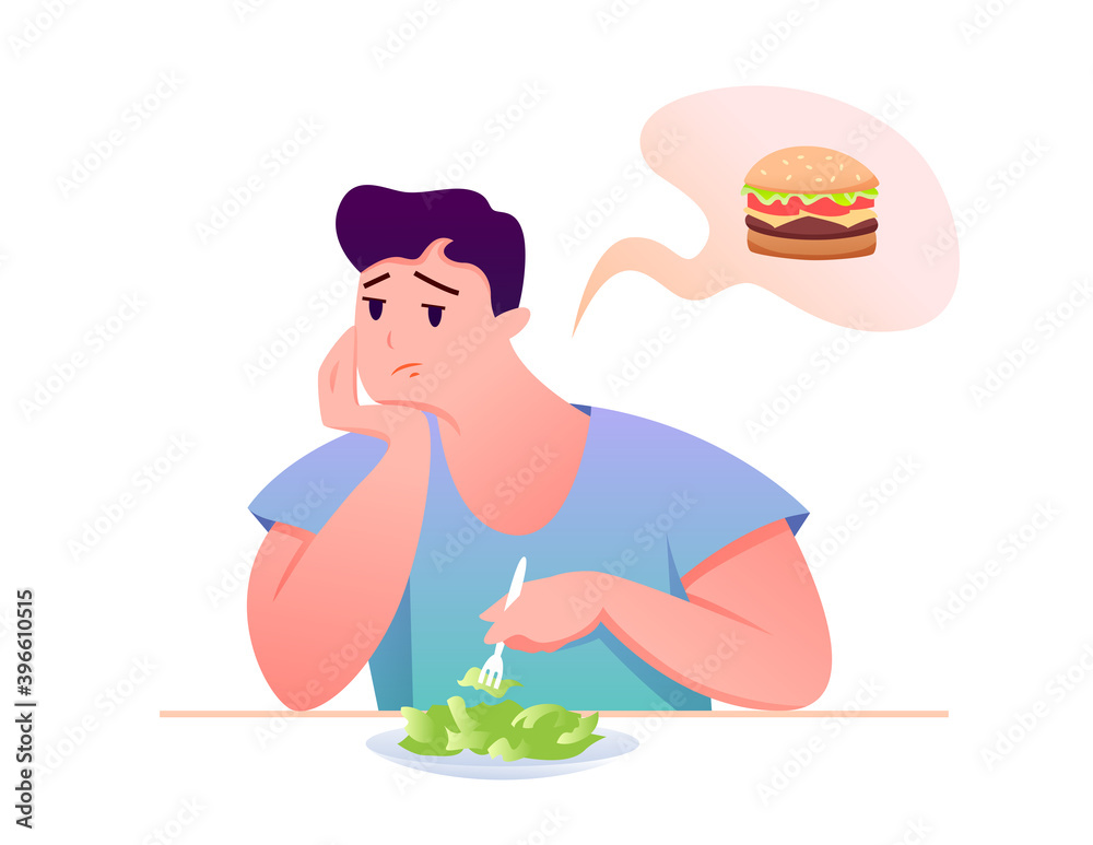 Sad fat guy eat green salad vector illustration. Cartoon man character ...