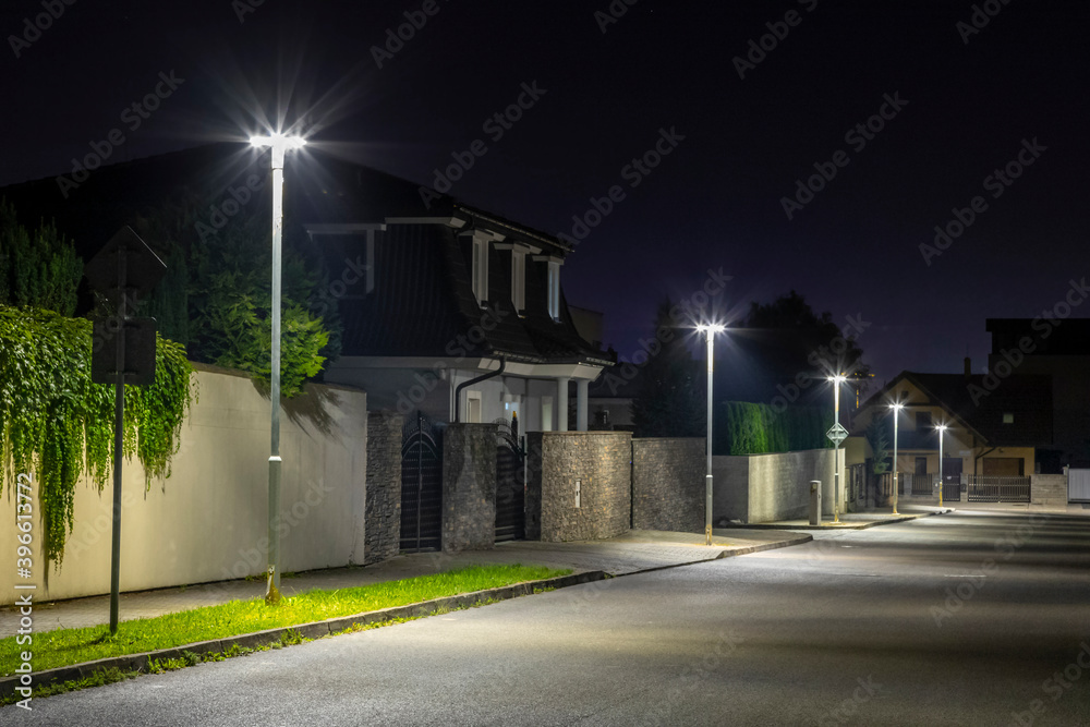 safety night street in residential area, modern street lights Stock ...