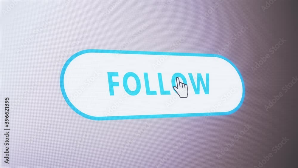 Follow button tag pressed on computer screen by cursor pointer mouse.Concept of social media ...
