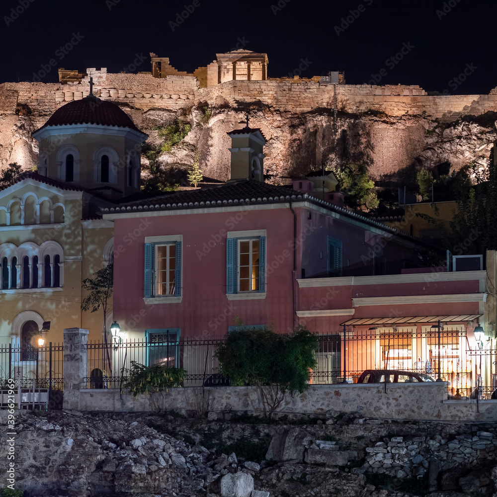 Athens Greece, night view of ancient Greek temple on Acropolis hill and ...