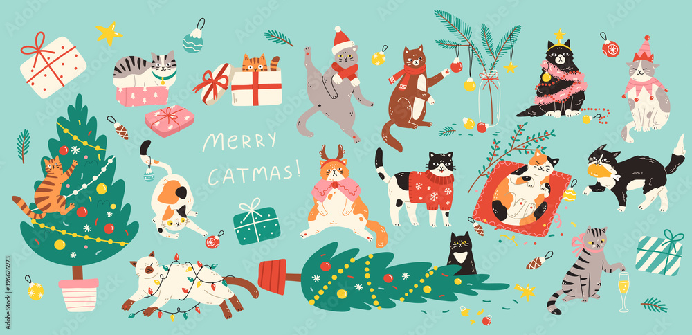 Set of adorable cats celebrating Christmas. Vector illustration of cute ...