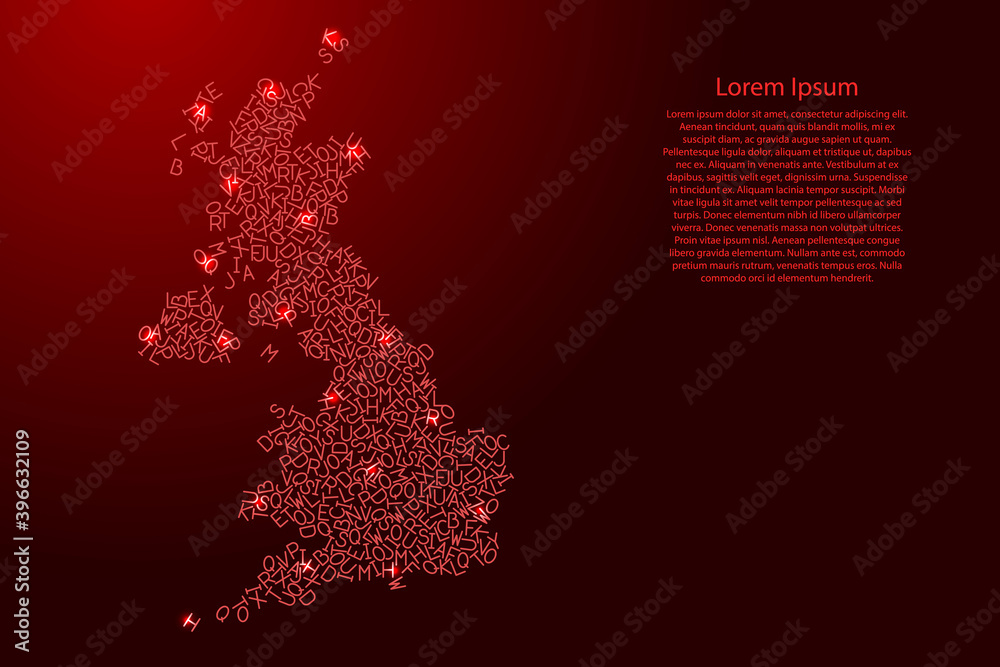 United Kingdom map from red pattern latin alphabet scattered letters ...