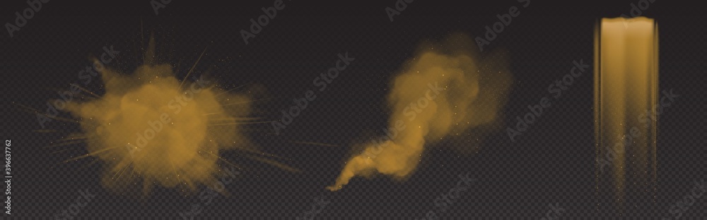 Naklejka Explosion and flow of brown dust, falling sand with glow ...